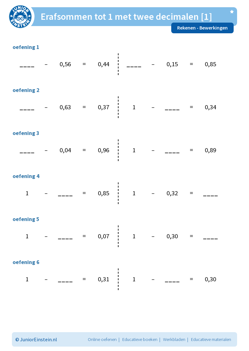 Werkblad: Erafsommen tot 1 met twee decimalen [1]