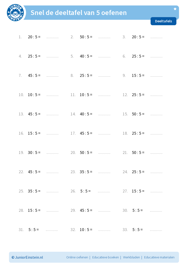 Snel de deeltafel van 5 oefenen