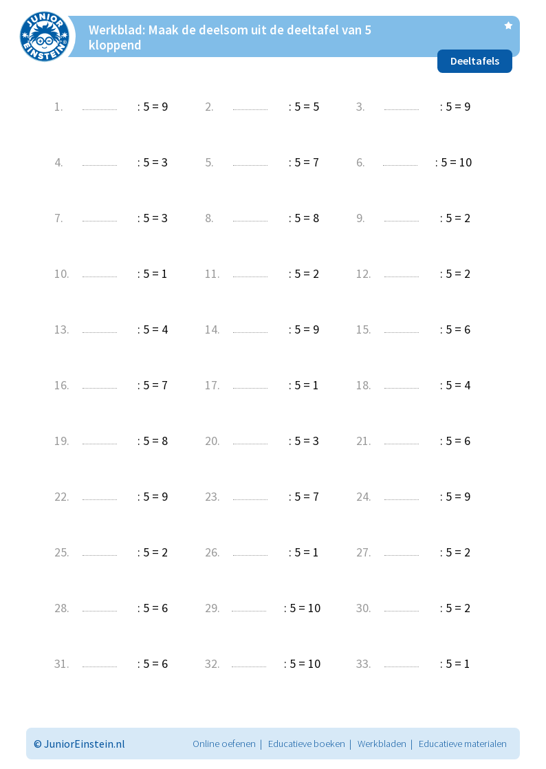 Werkblad: Maak de deelsom uit de deeltafel van 5 kloppend