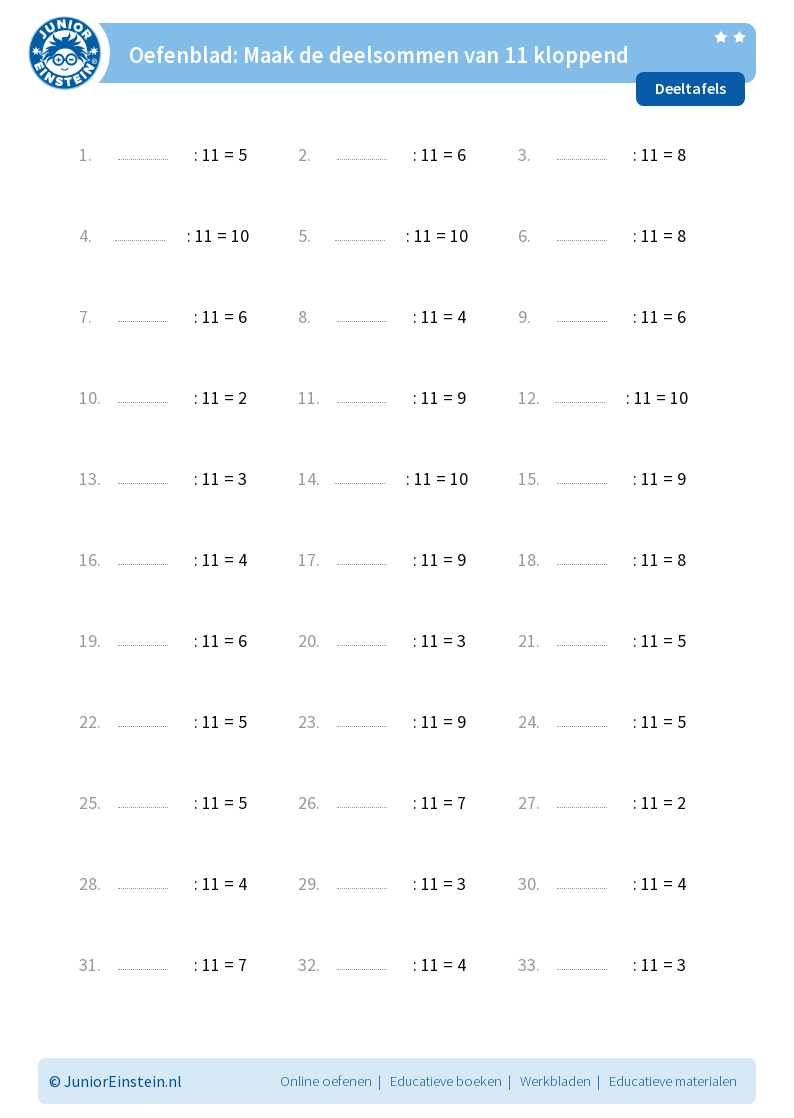 Oefenblad: Maak de deelsommen van 11 kloppend