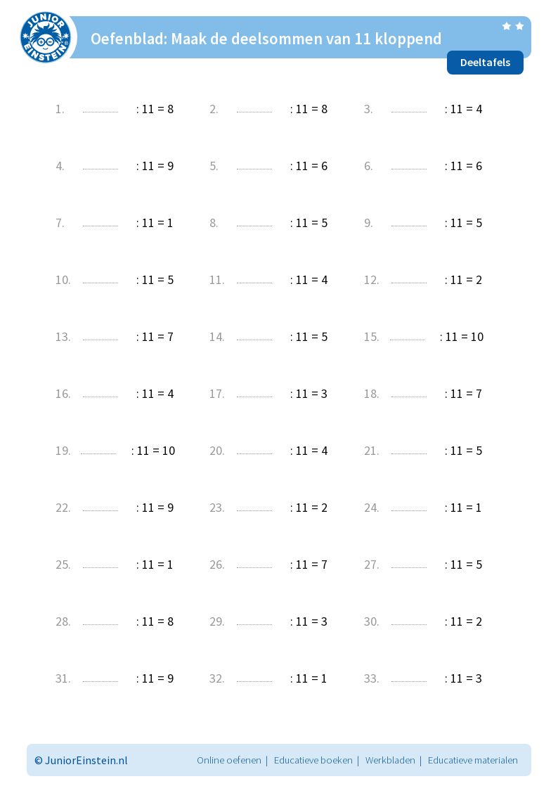 Oefenblad: Maak de deelsommen van 11 kloppend