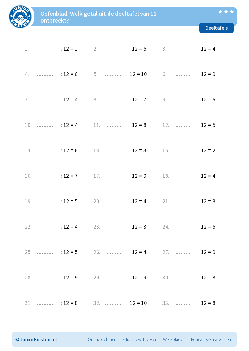 Oefenblad: Welk getal uit de deeltafel van 12 ontbreekt?