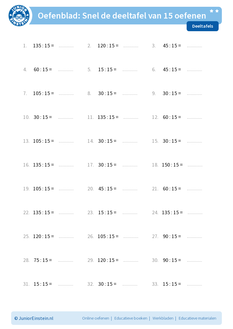 Oefenblad: Snel de deeltafel van 15 oefenen