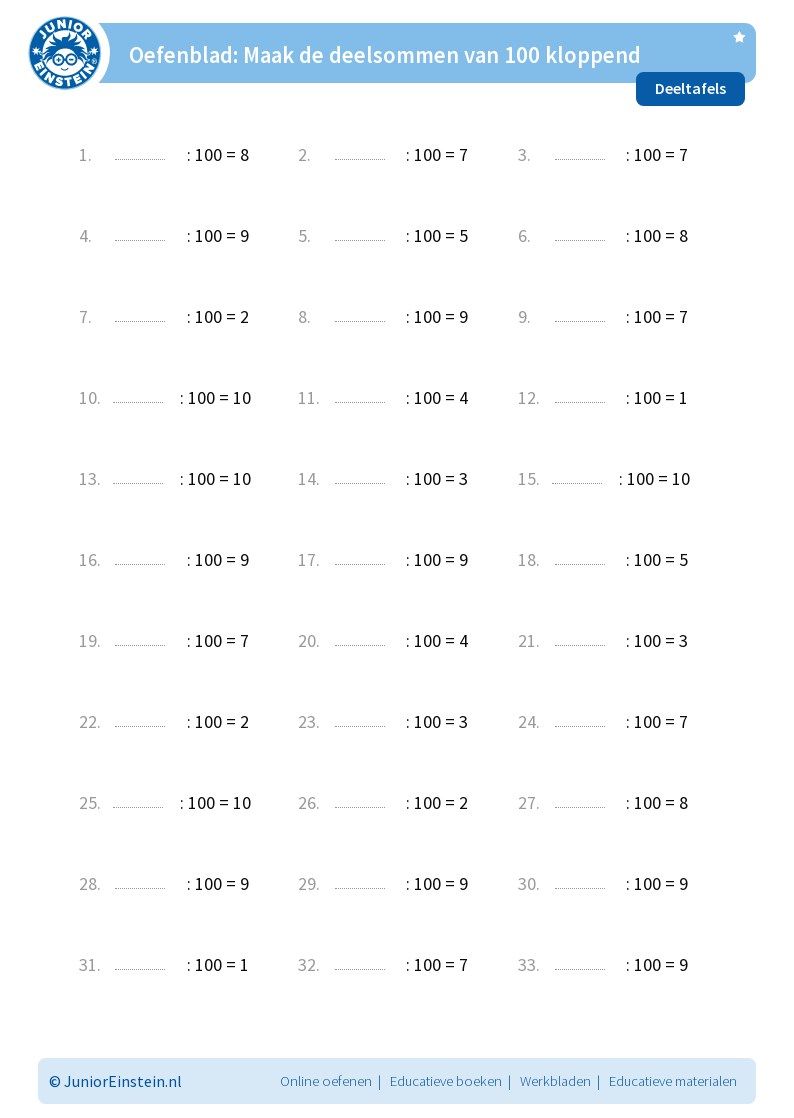 Oefenblad: Maak de deelsommen van 100 kloppend