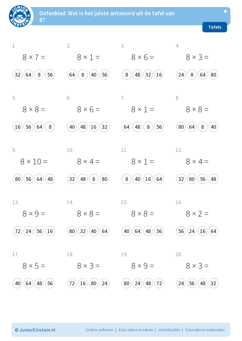 Oefenblad: Wat is het juiste antwoord uit de tafel van 8?
