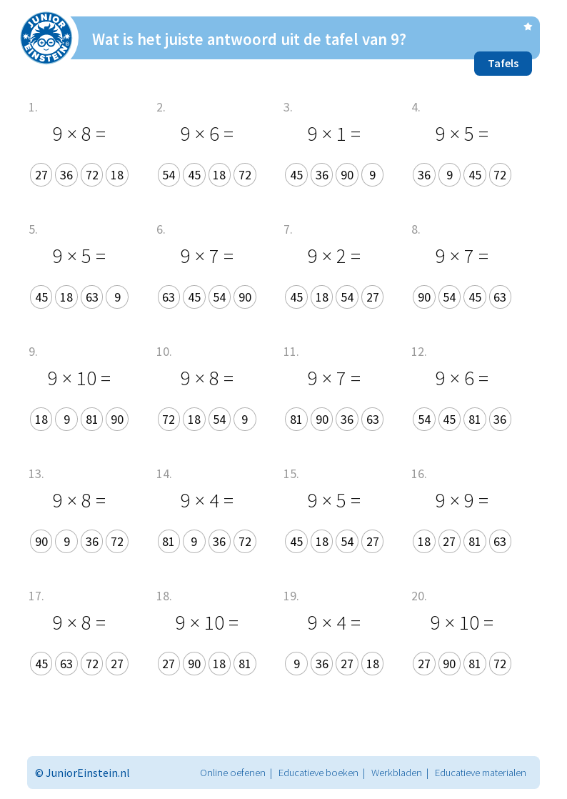 Wat is het juiste antwoord uit de tafel van 9?