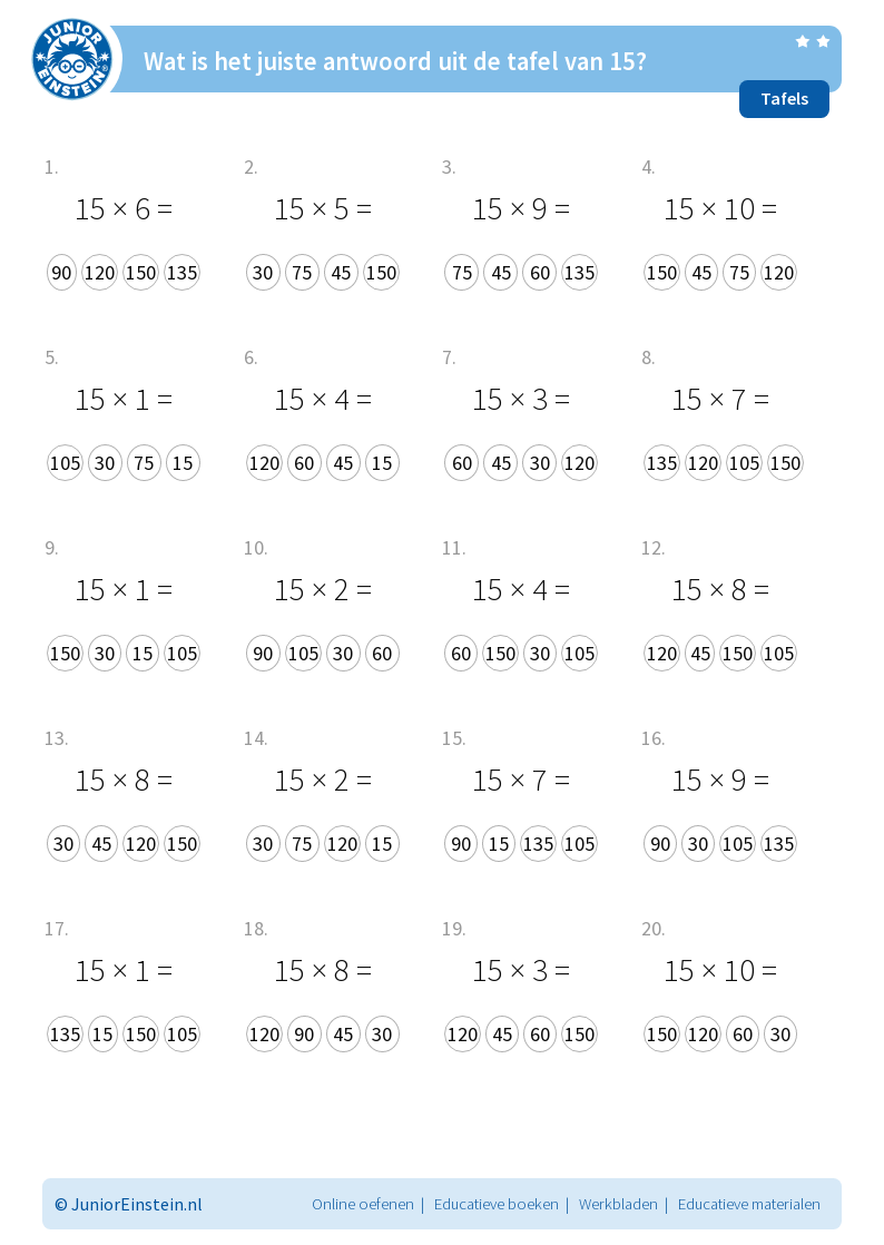 Wat is het juiste antwoord uit de tafel van 15?