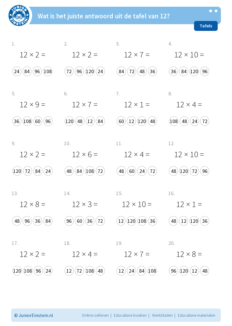 Wat is het juiste antwoord uit de tafel van 12?