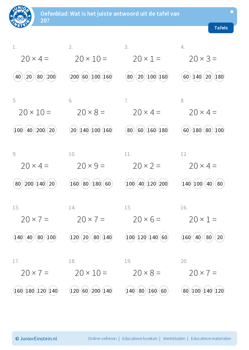 Oefenblad: Wat is het juiste antwoord uit de tafel van 20?