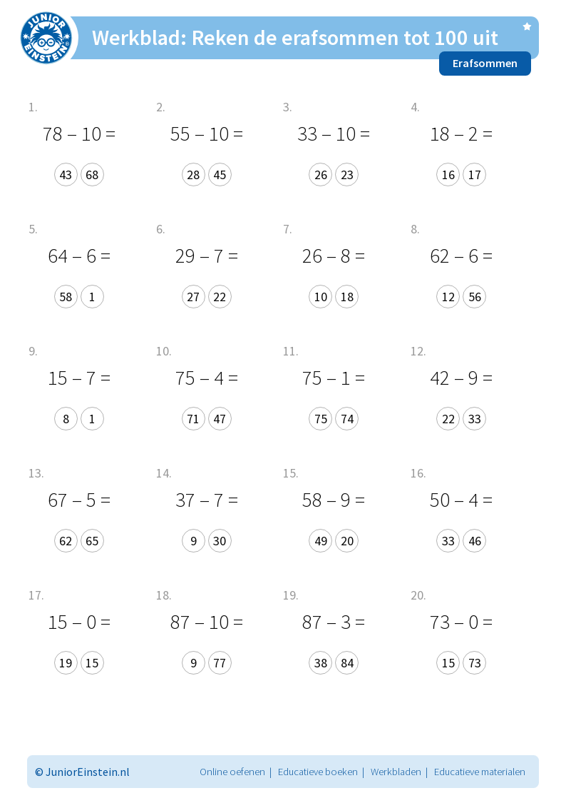 Werkblad: Reken de erafsommen tot 100 uit