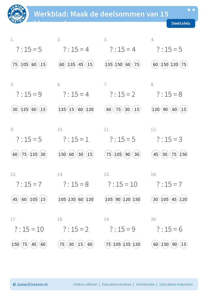 Werkblad: Maak de deelsommen van 15 kloppend