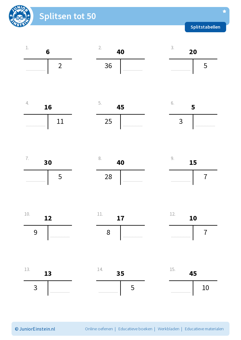Oefenblad: Splitsen tot 50