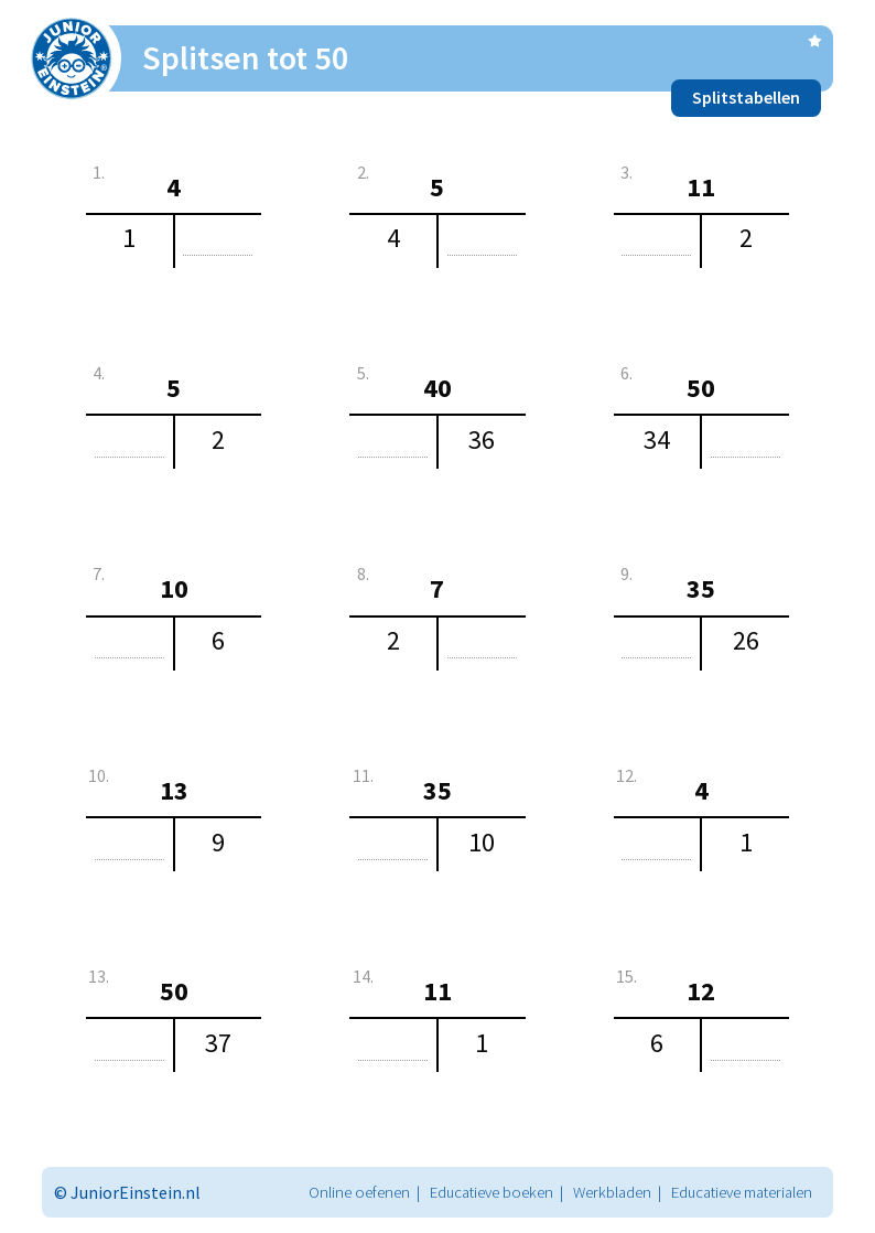 Oefenblad: Splitsen tot 50