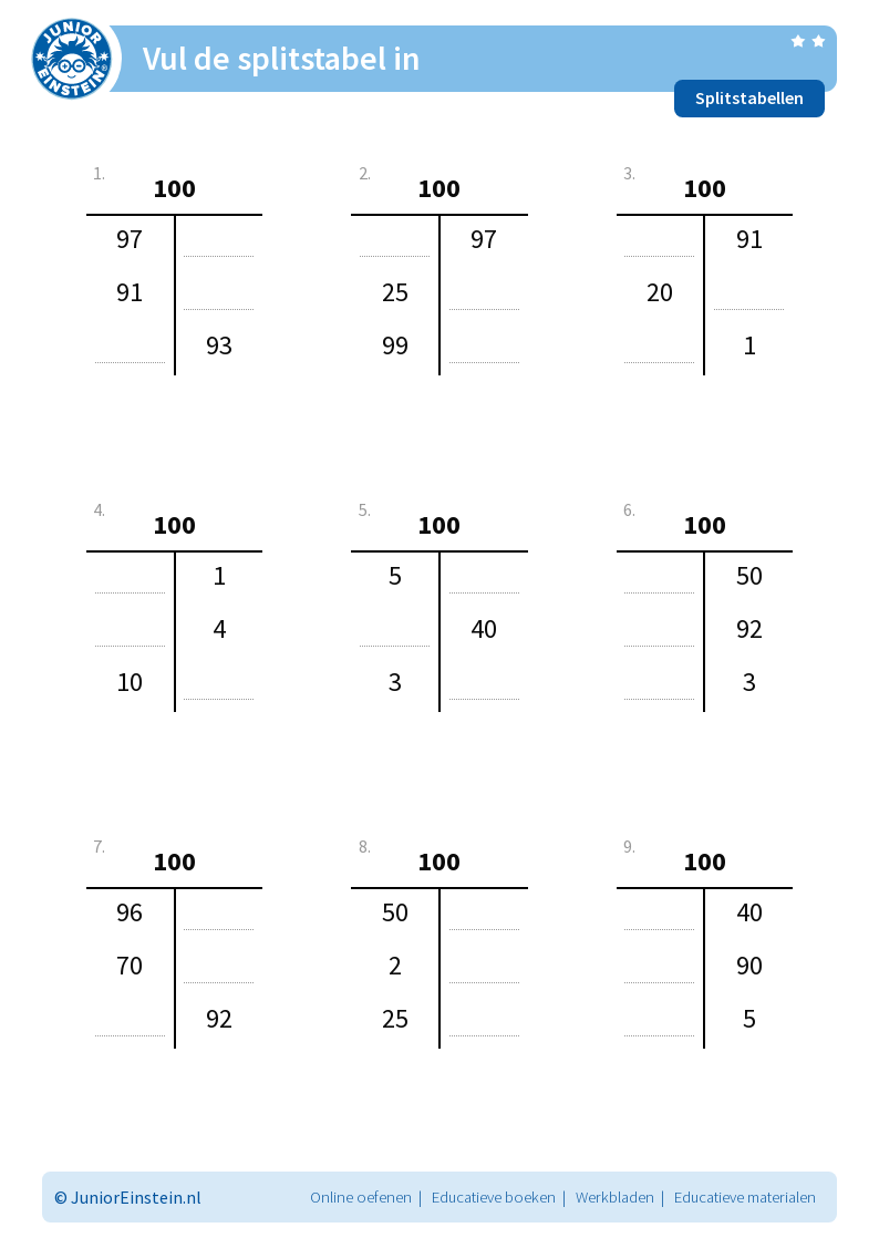 Werkbladen | Splitsen | Splitstabellen | Tot 100 | Open vragen