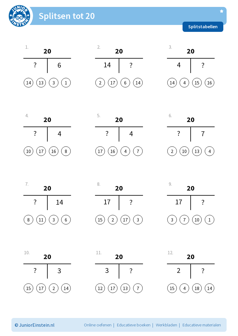 Oefenblad: Splitsen tot 20