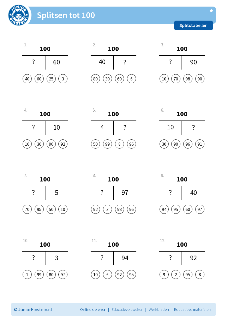 Oefenblad: Splitsen tot 100