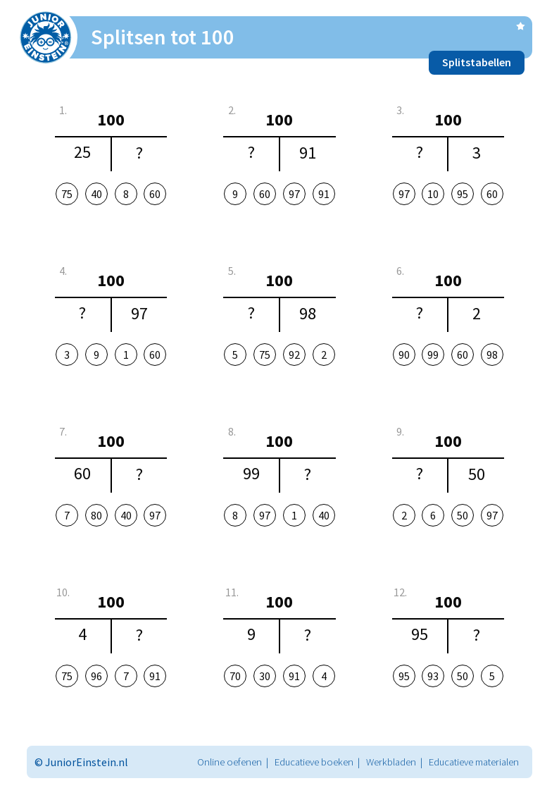 Oefenblad: Splitsen tot 100