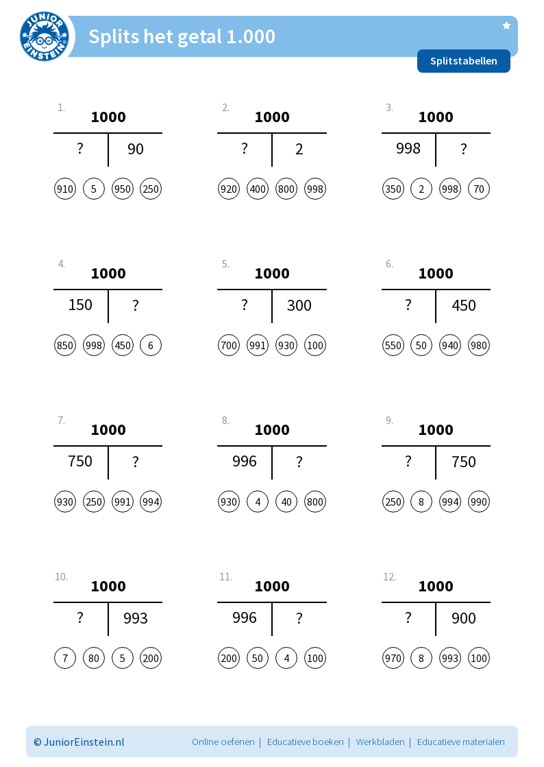 Werkblad: Splits het getal 1.000