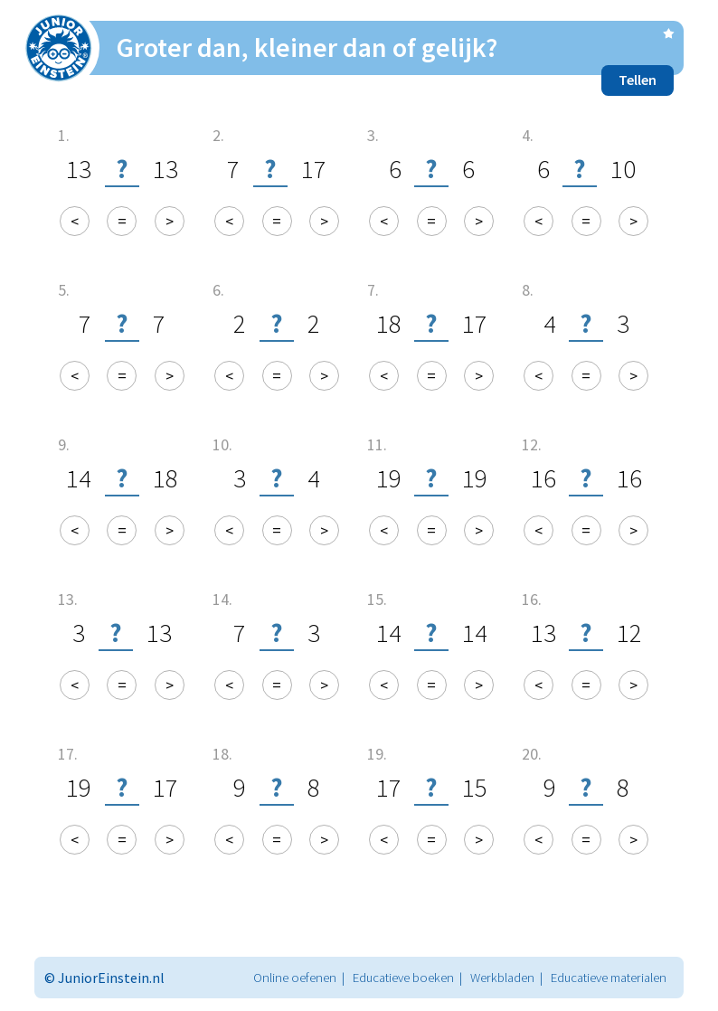 Oefenblad: Groter dan, kleiner dan of gelijk?