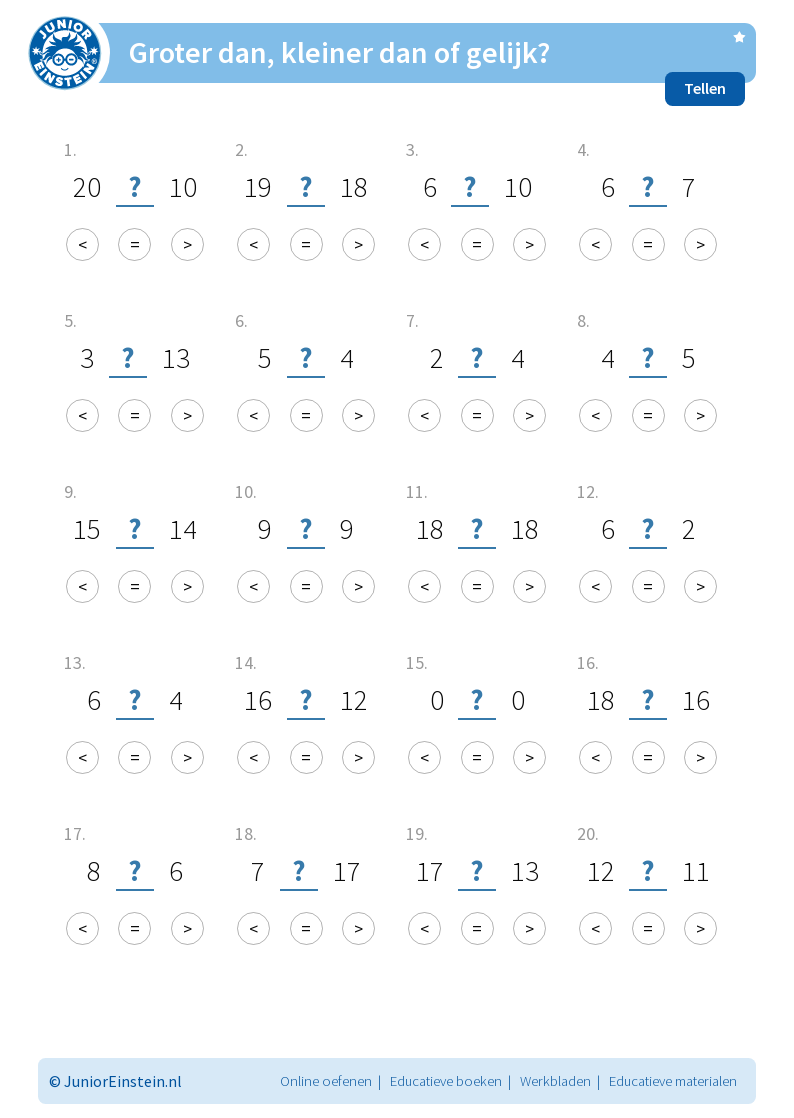 Oefenblad: Groter dan, kleiner dan of gelijk?