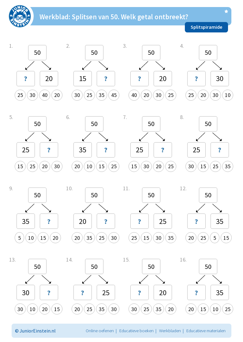 Werkblad: Splitsen van 50. Welk getal ontbreekt?