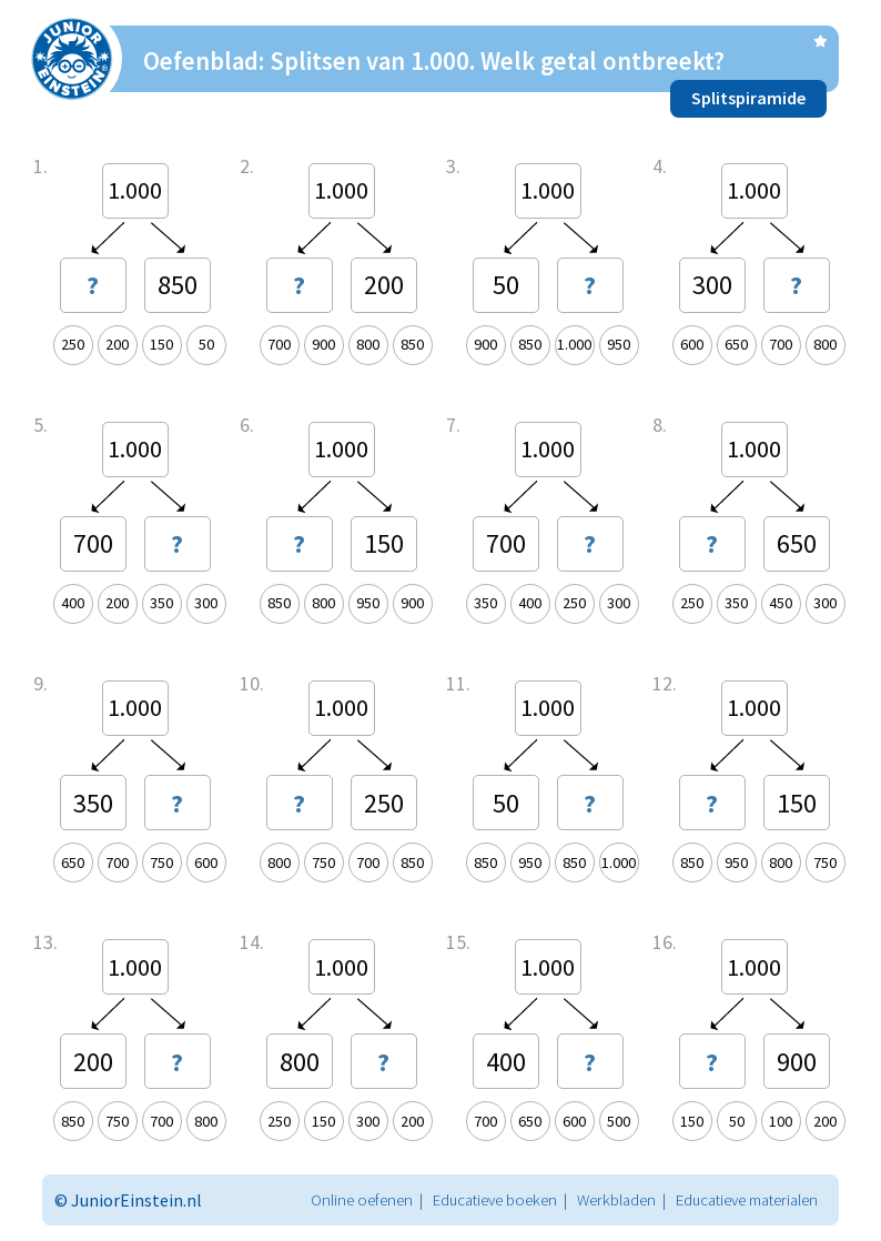 Oefenblad: Splitsen van 1.000. Welk getal ontbreekt?
