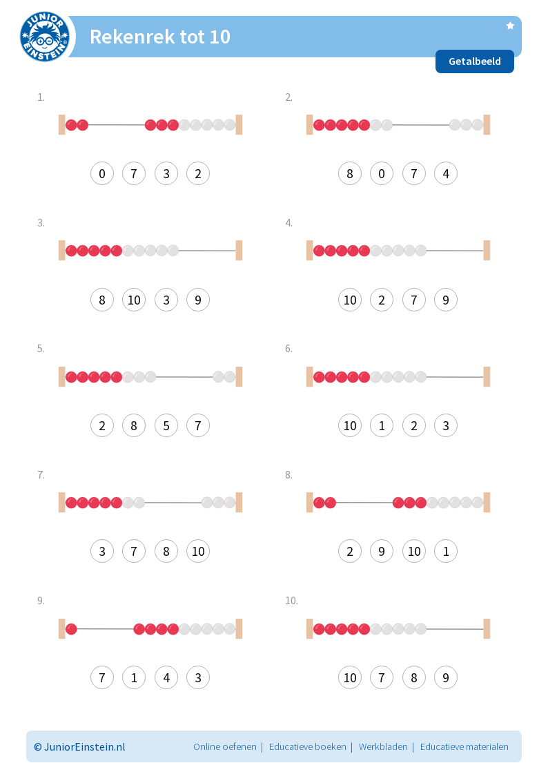 Oefenblad: Rekenrek tot 10