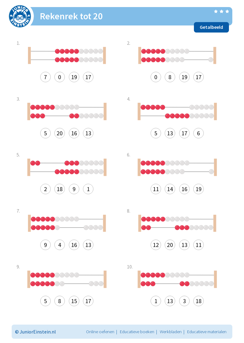 Werkblad: Rekenrek tot 20