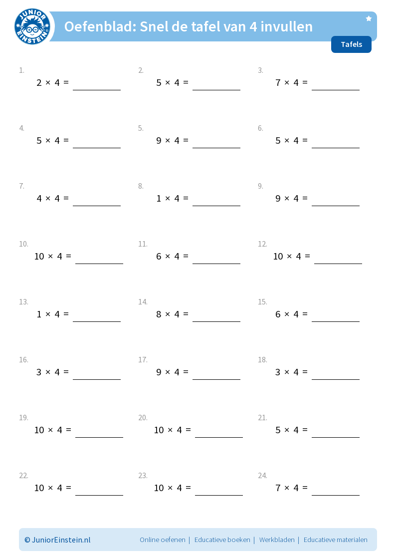 Oefenblad: Snel de tafel van 4 invullen
