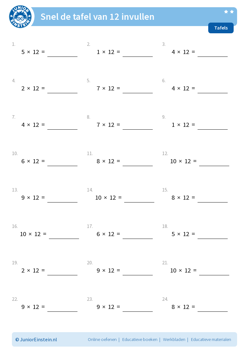 Snel de tafel van 12 invullen
