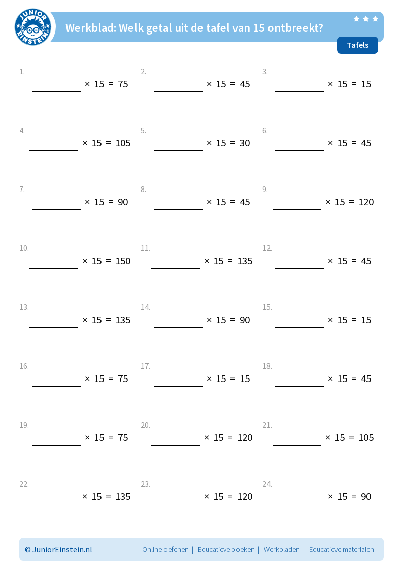 Werkblad: Welk getal uit de tafel van 15 ontbreekt?