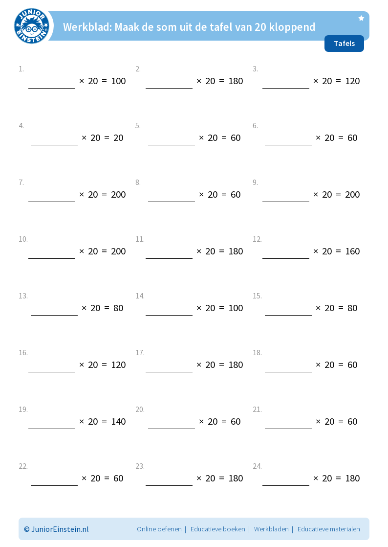 Werkblad: Maak de som uit de tafel van 20 kloppend