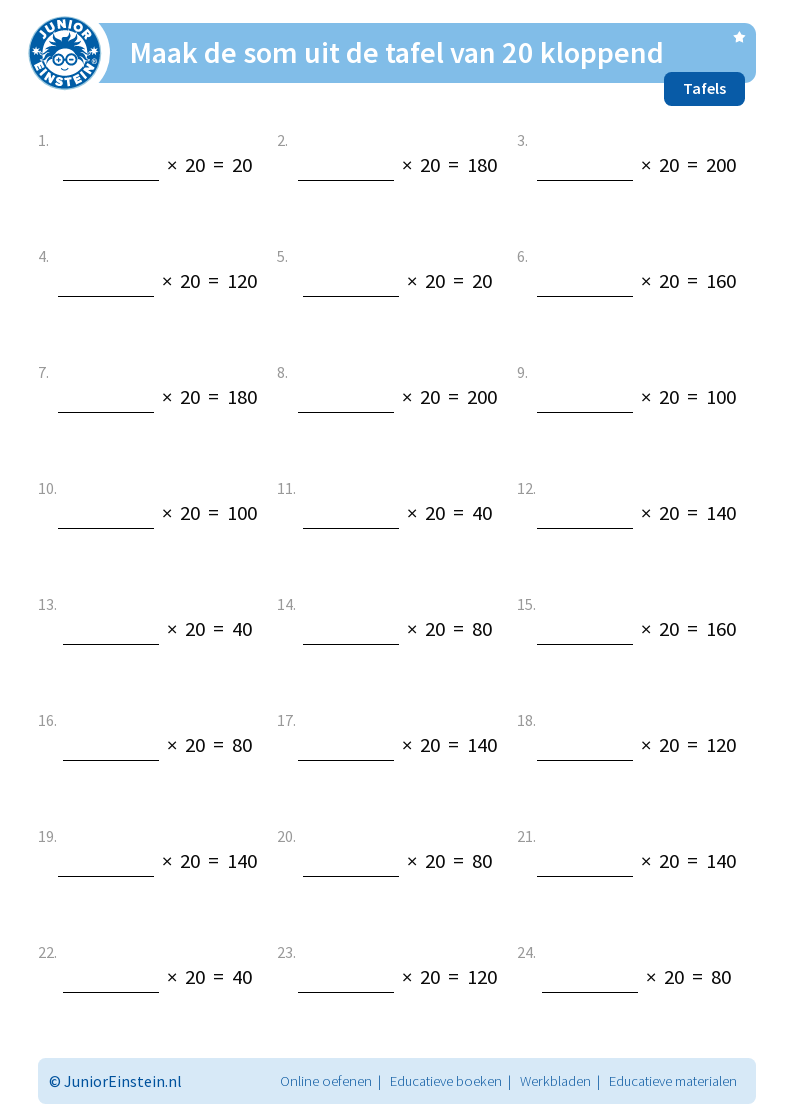 Maak de som uit de tafel van 20 kloppend