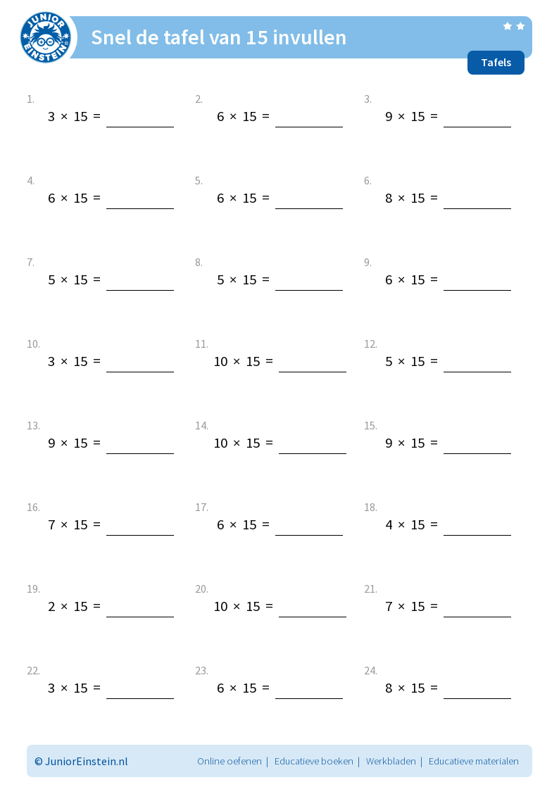 Snel de tafel van 15 invullen