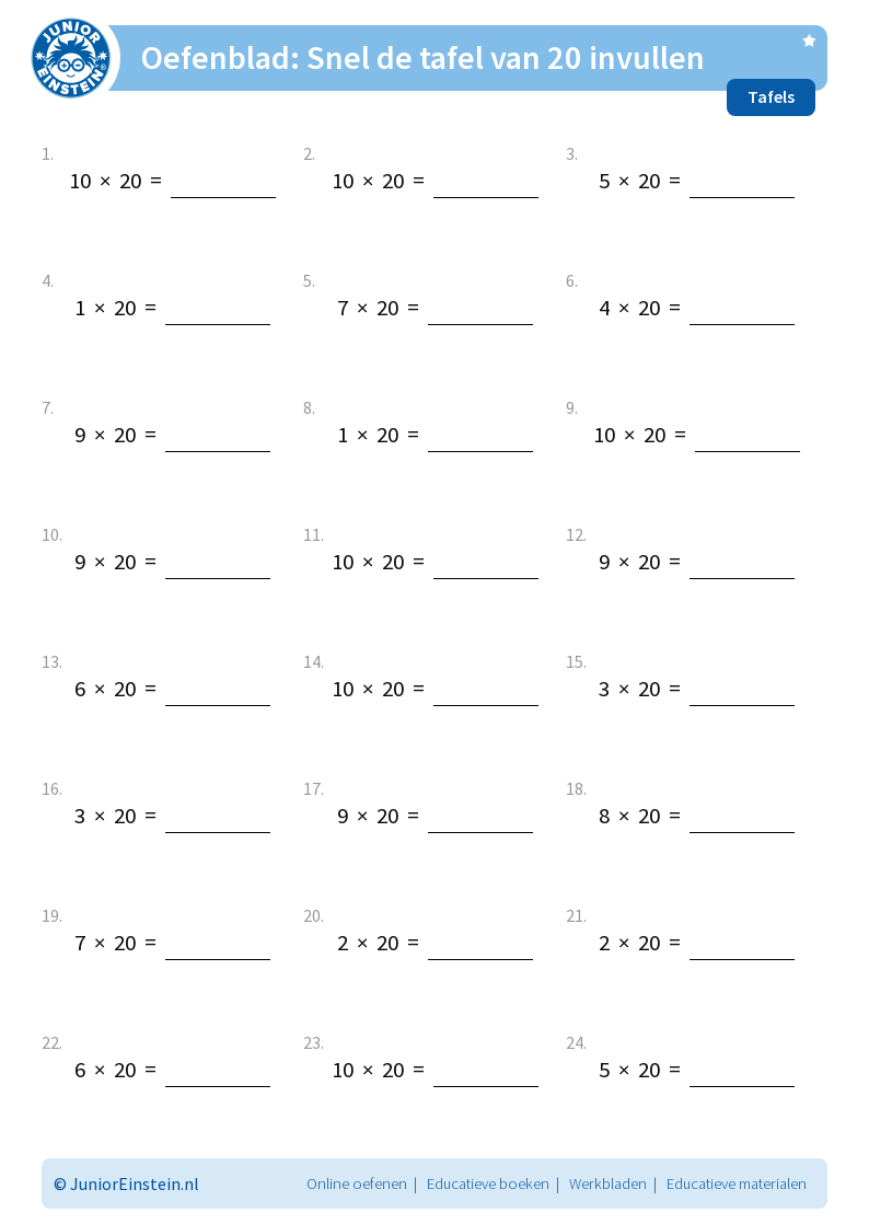 Oefenblad: Snel de tafel van 20 invullen