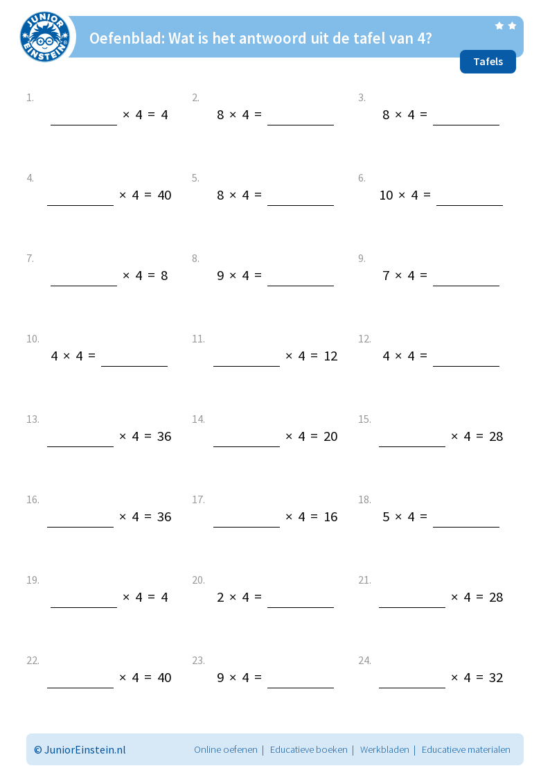 Oefenblad: Wat is het antwoord uit de tafel van 4?