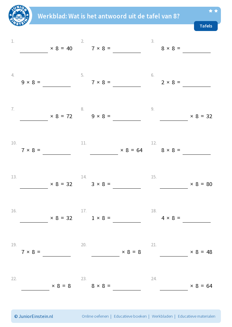 Werkblad: Wat is het antwoord uit de tafel van 8?
