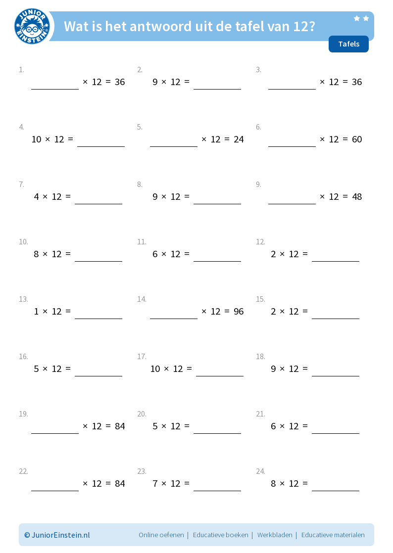 Wat is het antwoord uit de tafel van 12?