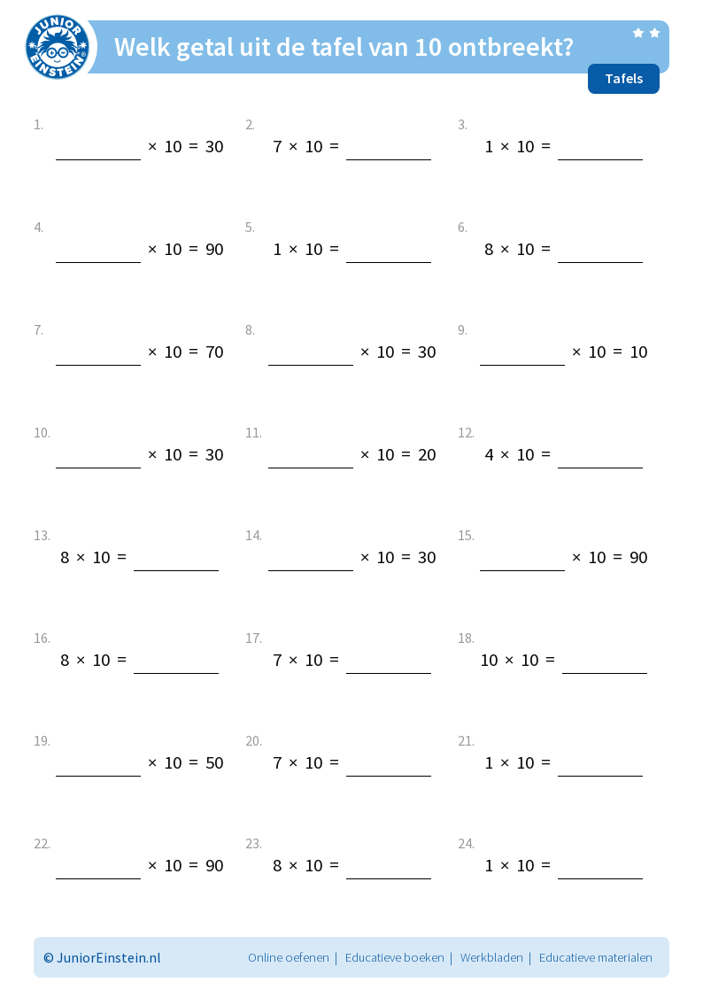 Welk getal uit de tafel van 10 ontbreekt?