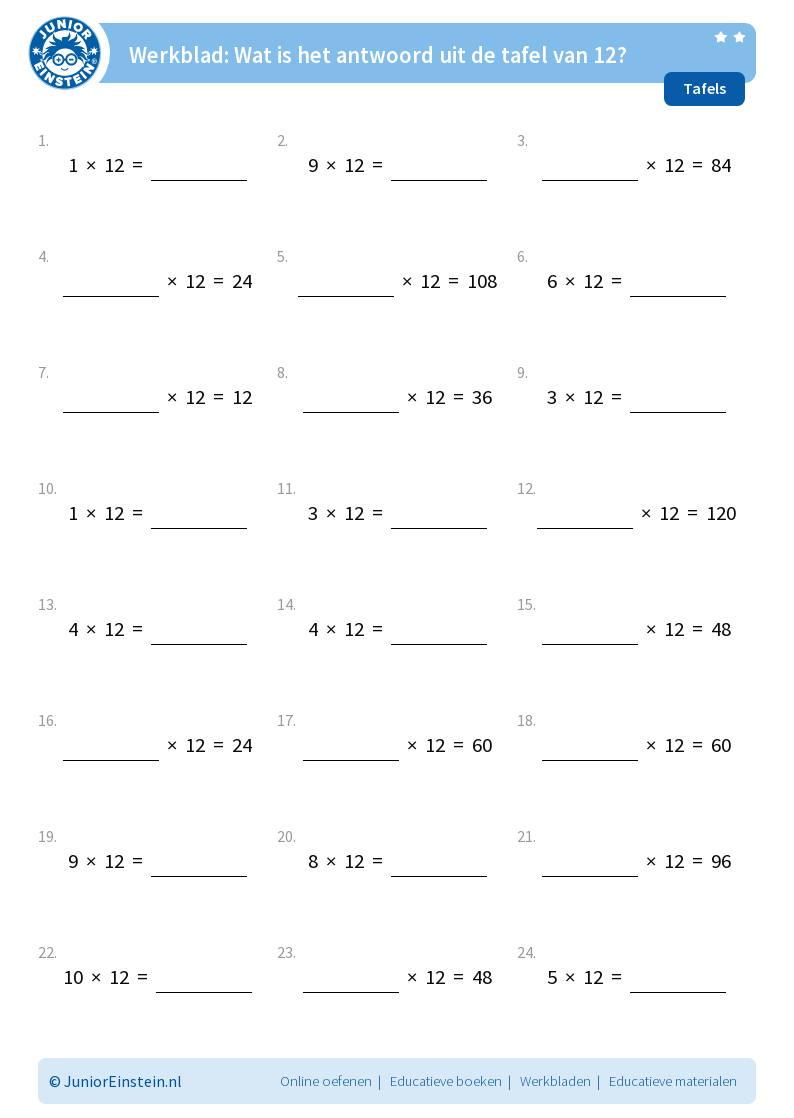 Werkblad: Wat is het antwoord uit de tafel van 12?