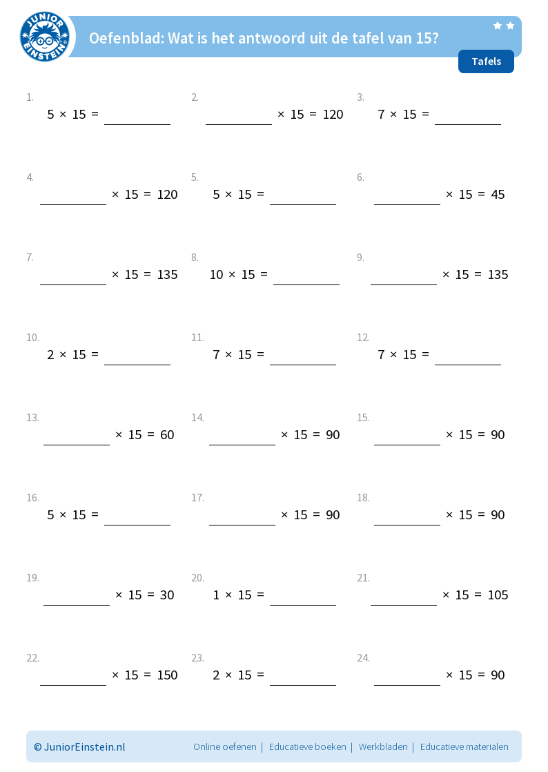 Oefenblad: Wat is het antwoord uit de tafel van 15?