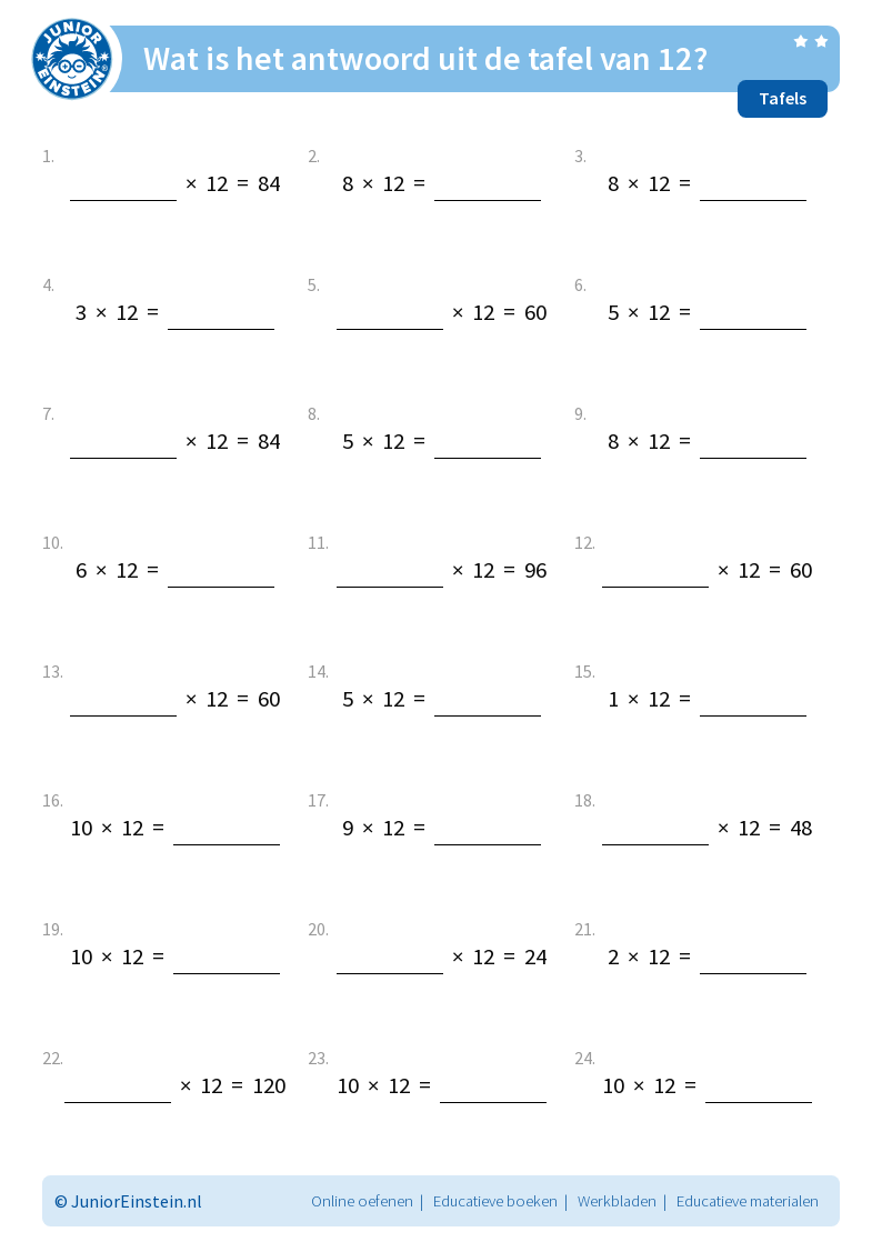 Wat is het antwoord uit de tafel van 12?
