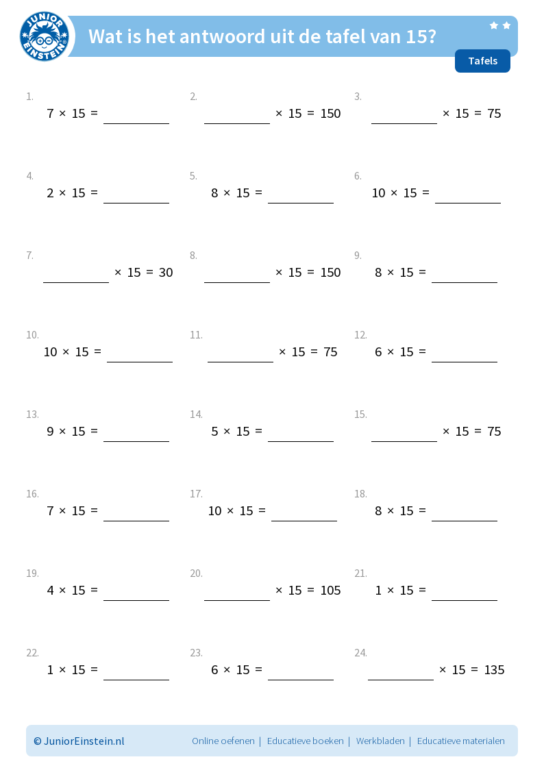 Wat is het antwoord uit de tafel van 15?