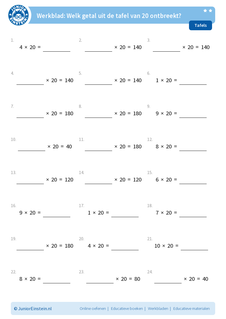 Werkblad: Welk getal uit de tafel van 20 ontbreekt?