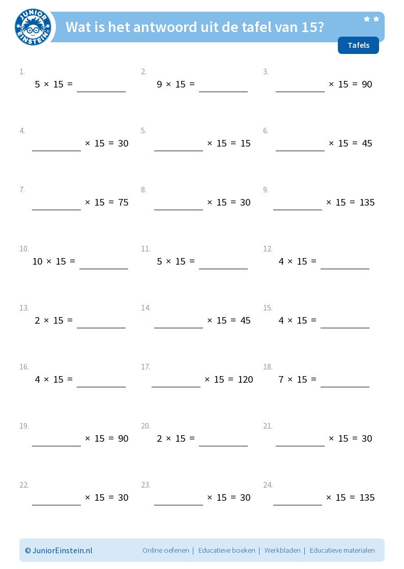Wat is het antwoord uit de tafel van 15?