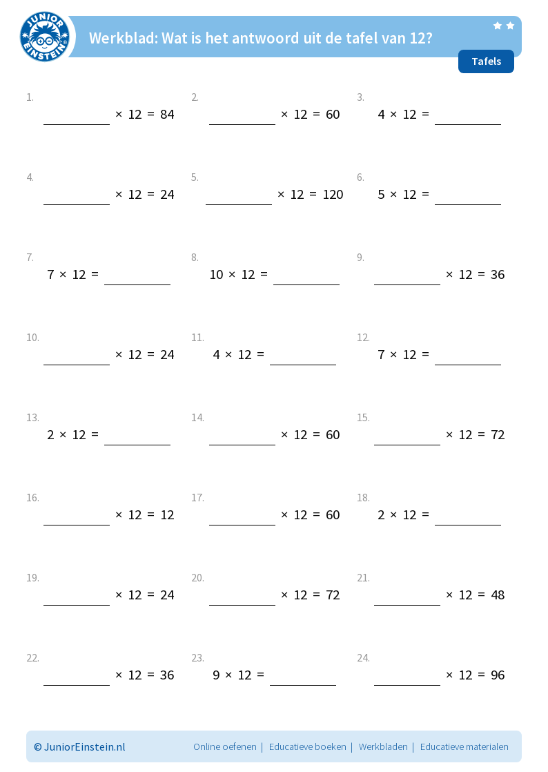 Werkblad: Wat is het antwoord uit de tafel van 12?