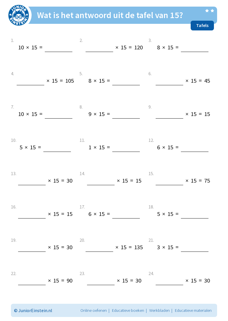 Wat is het antwoord uit de tafel van 15?