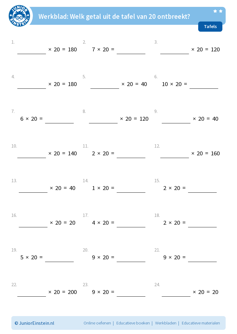 Werkblad: Welk getal uit de tafel van 20 ontbreekt?