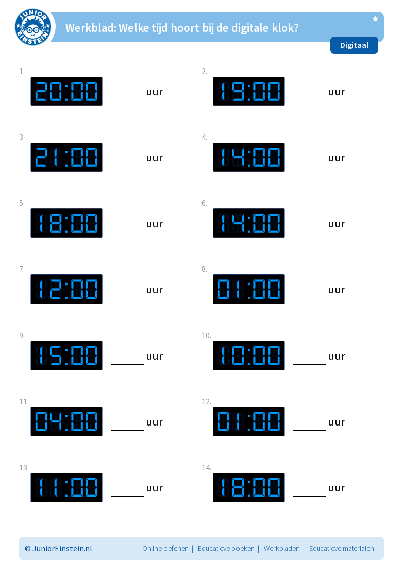 Werkblad: Welke tijd hoort bij de digitale klok?