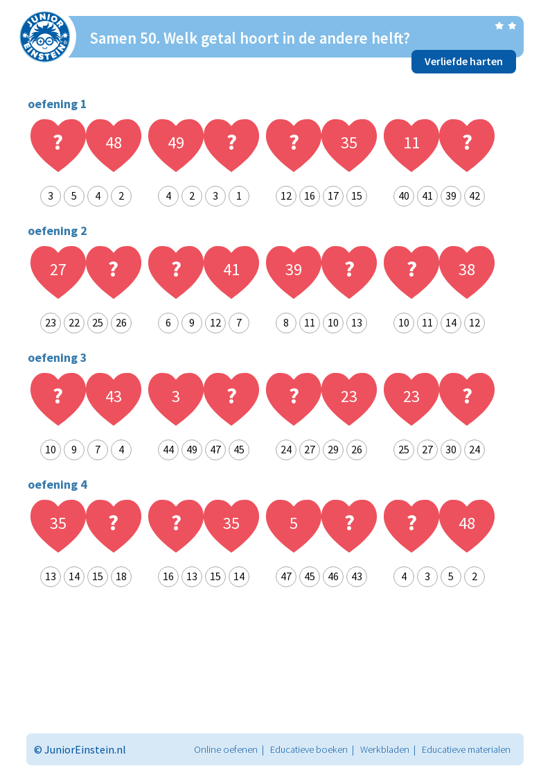 Werkblad: Samen 50. Welk getal hoort in de andere helft?